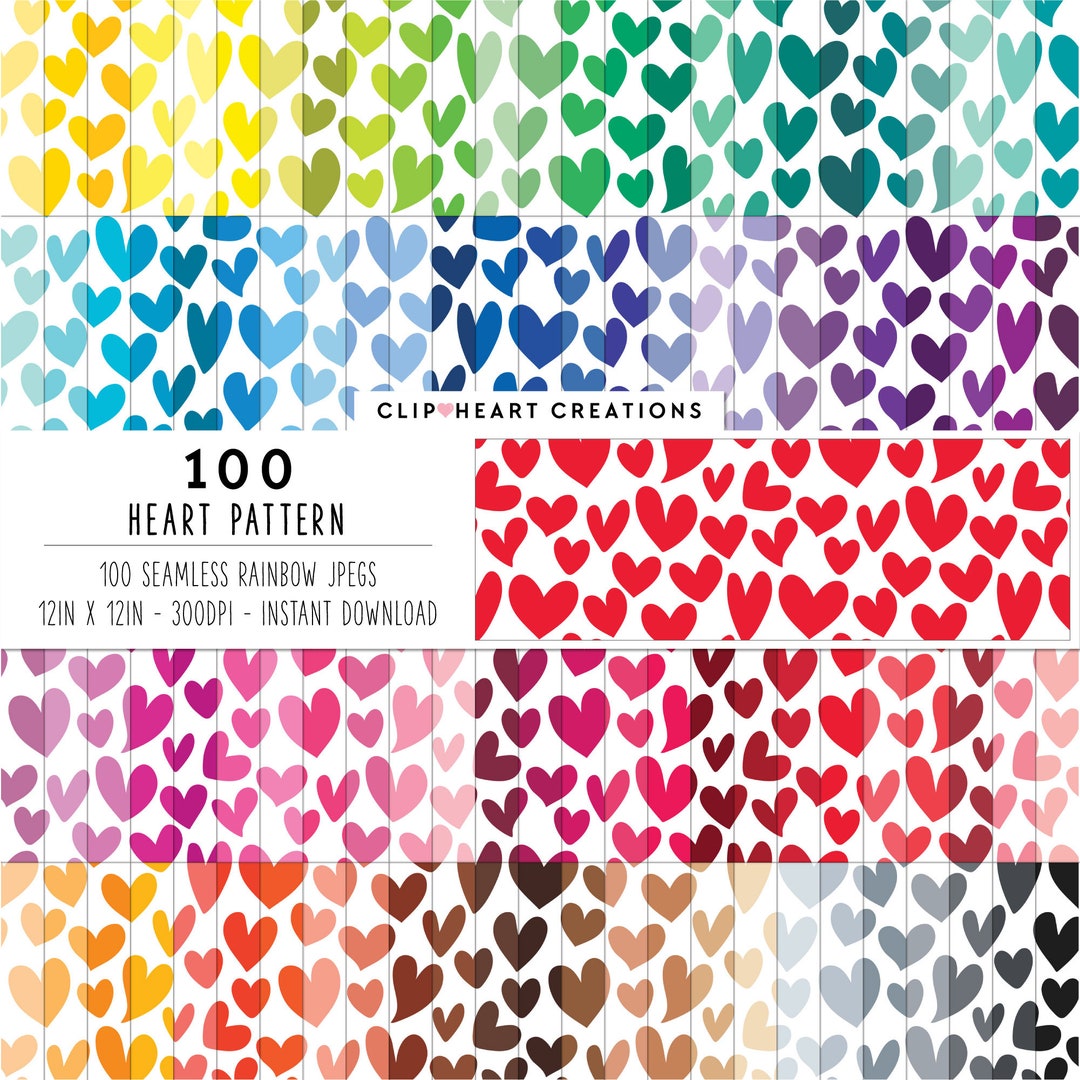 100 Heart Pattern Digital Paper, Commercial Use Seamless Hearts Digital ...
