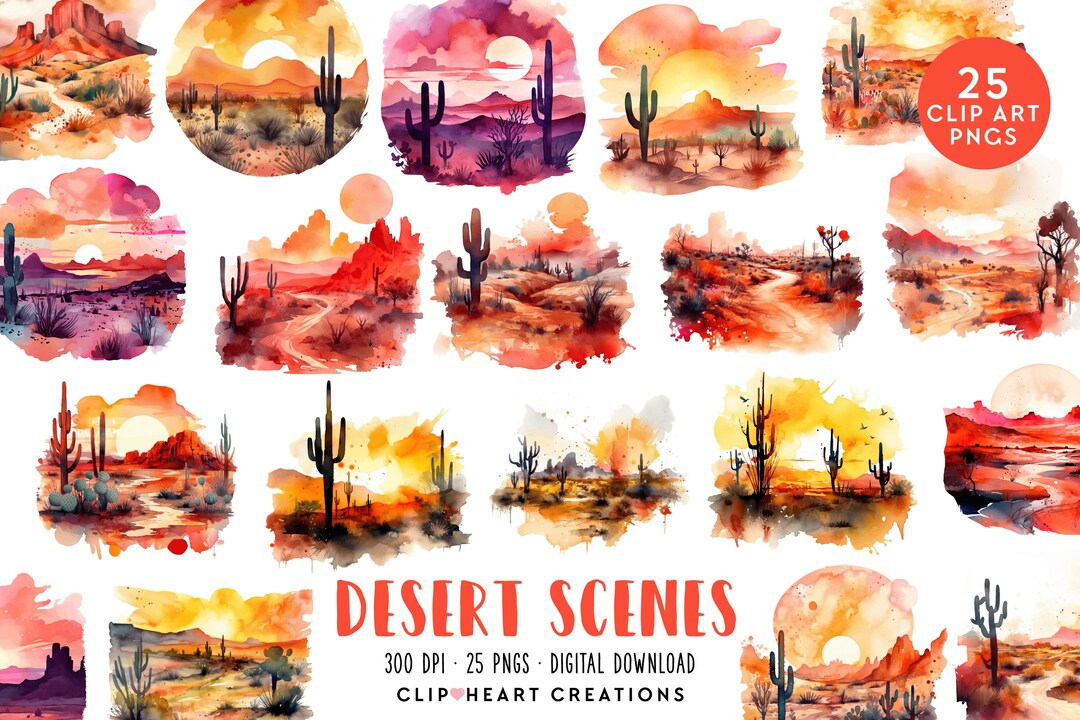 Desert Scenes Watercolor Clipart Set, Commercial Use Instant Download ...