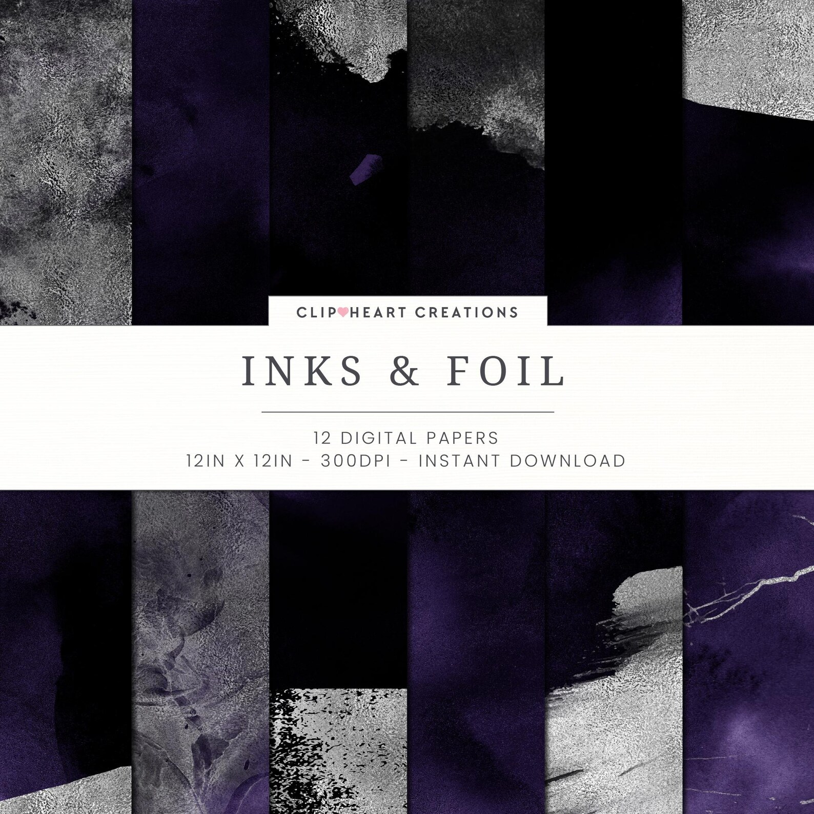 Purple & Silver Watercolor and Foil Digital Papers, Commercial Use ...