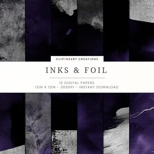 Purple & Silver Watercolor and Foil Digital Papers, Commercial Use ...