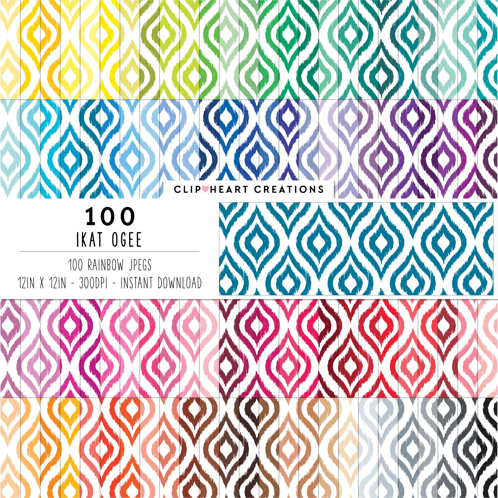 100 Ikat Ogee Pattern Digital Paper, Commercial Use Seamless Rainbow ...