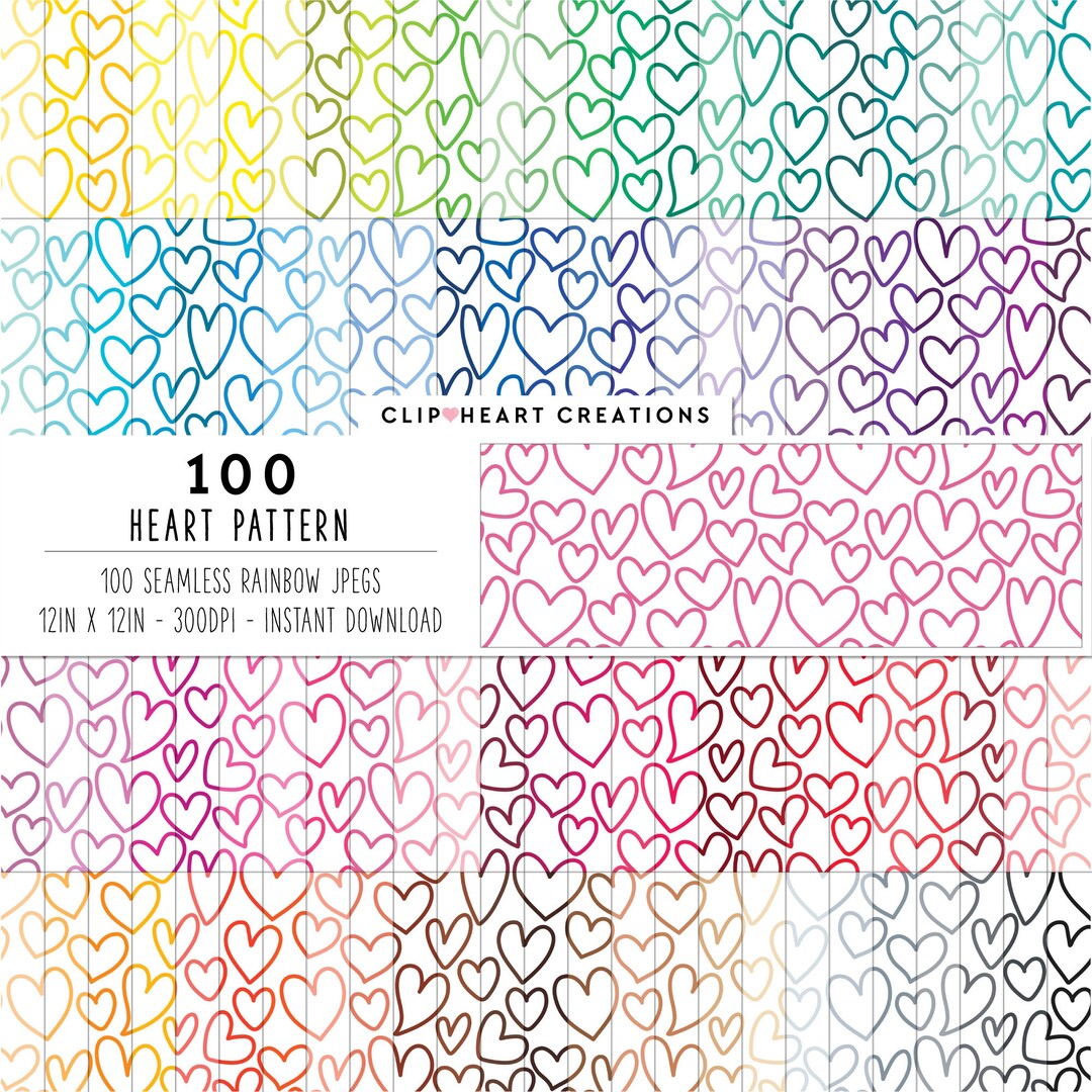 100 Heart Outline Pattern Digital Paper, Commercial Use Seamless Hearts ...