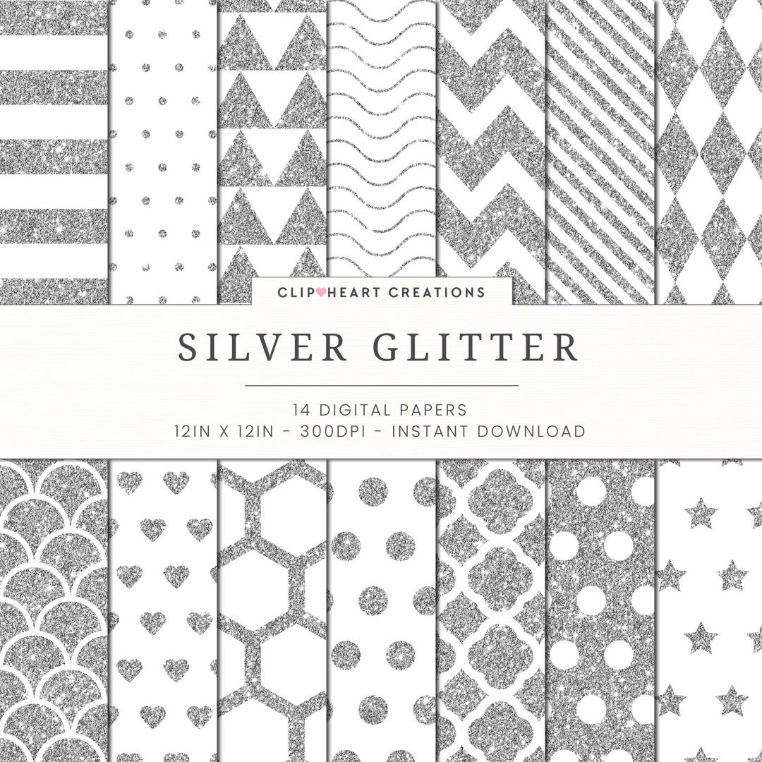 14 Silver and White Glitter Pattern Digital Papers, Commercial Use ...