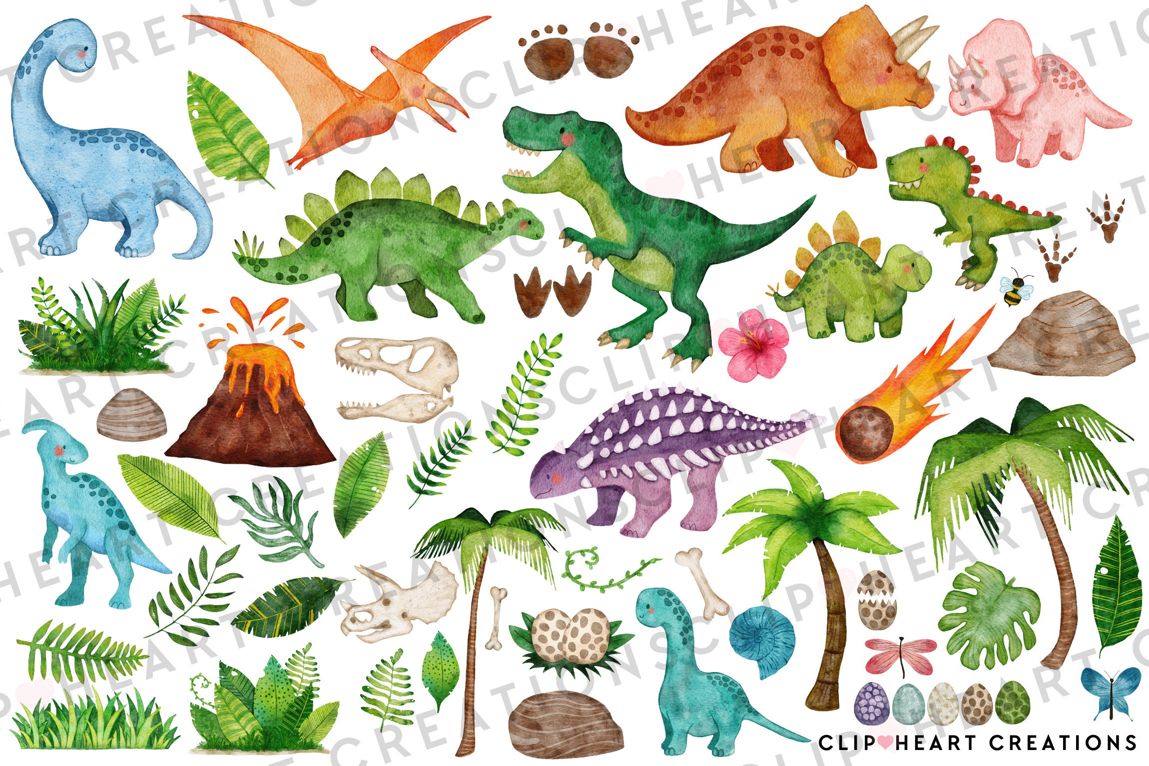 Dinosaurs Watercolor Clip Art Commercial Use Instant Download - Etsy