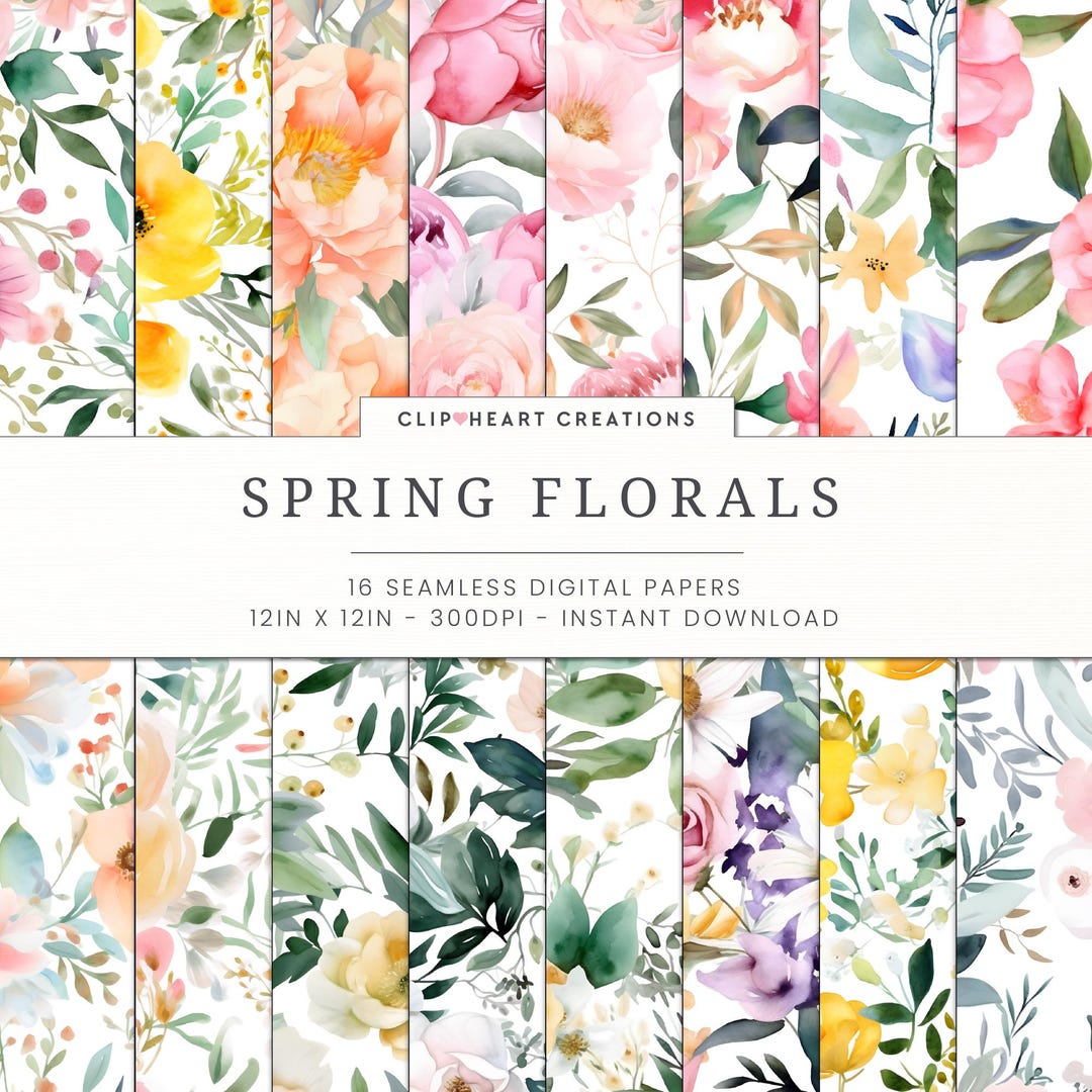Spring Florals Watercolor Flowers Digital Papers, Seamless Commercial ...