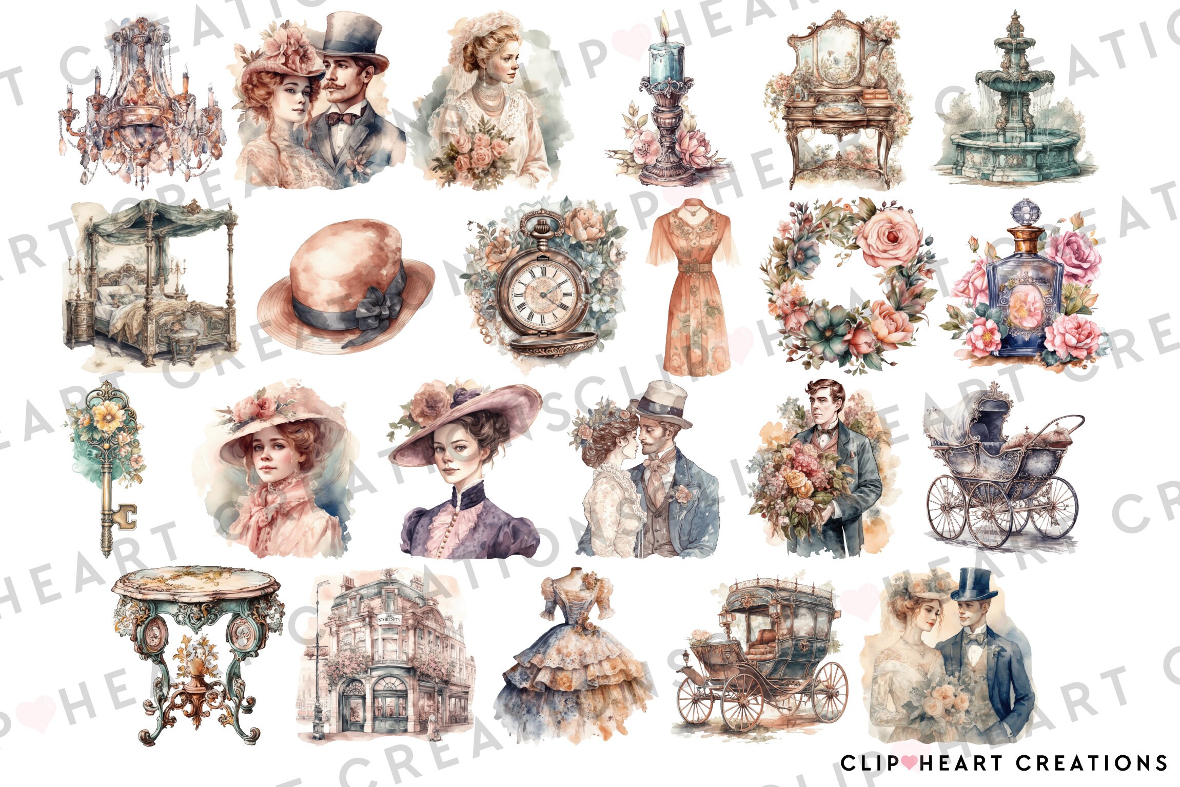 Victorian Romance Watercolor Clipart Collection, Commercial Use Instant ...