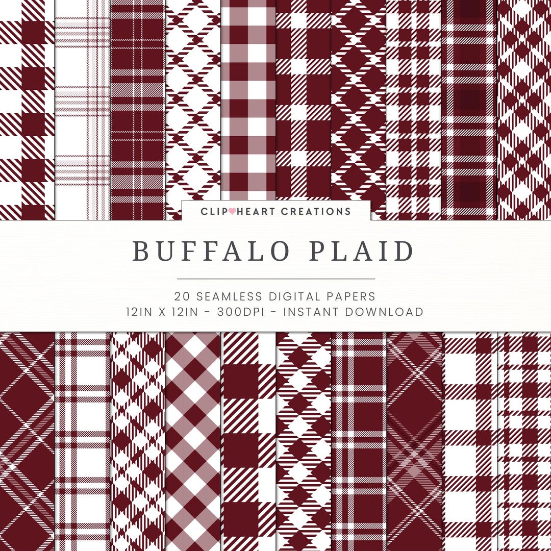 Burgundy Buffalo Plaid Digital Paper Set, Seamless Lumberjack Plaid ...
