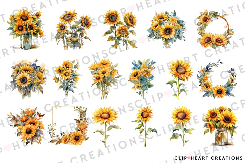 Sunflowers Watercolor Clipart Set, Commercial Use Instant Download PNG ...