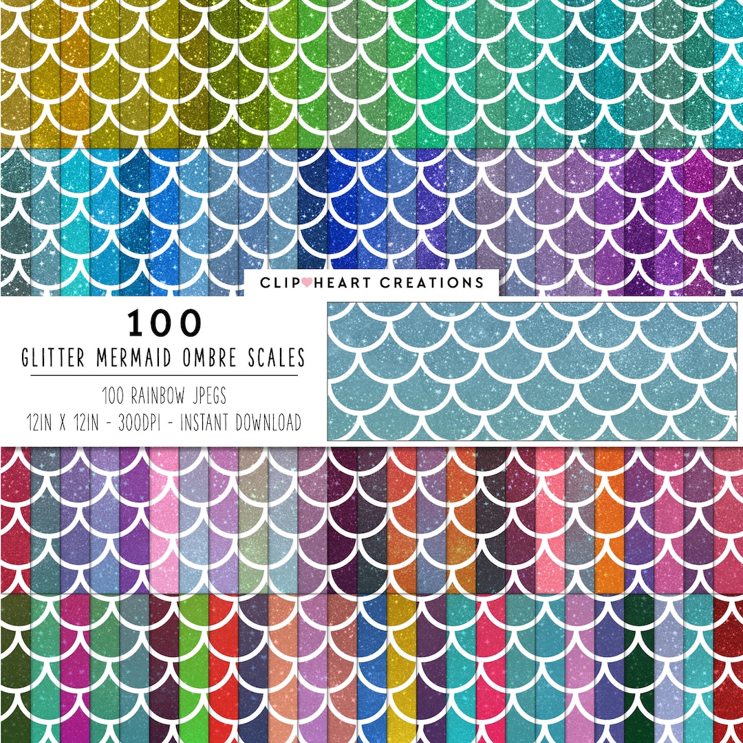 100 Glitter Ombre Mermaid Scales Digital Papers, Commercial Use Instant ...