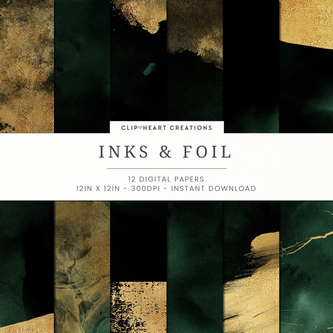 Emerald & Gold Watercolor and Foil Digital Papers, Commercial Use ...