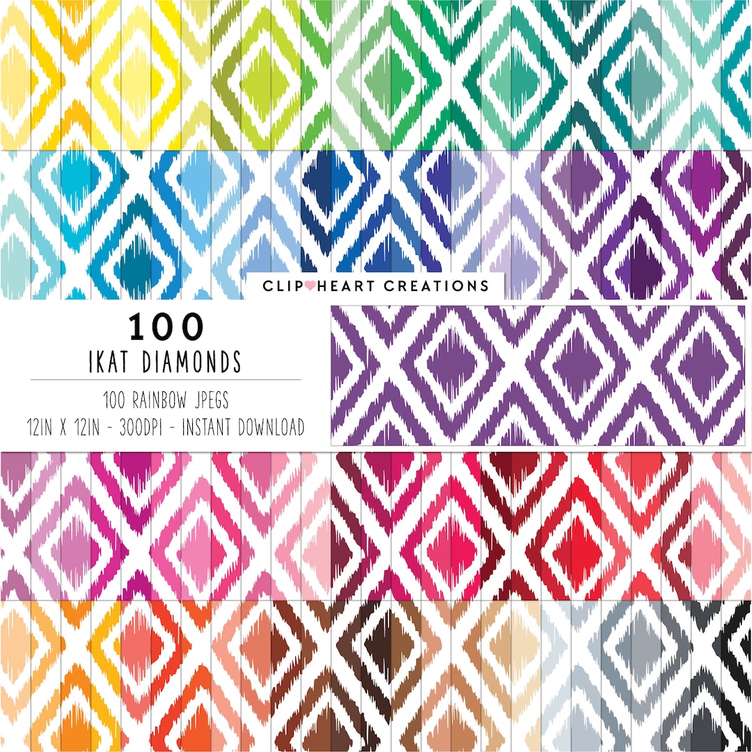 100 Ikat Diamonds Digital Paper, Commercial Use Seamless Diamond Ikat ...