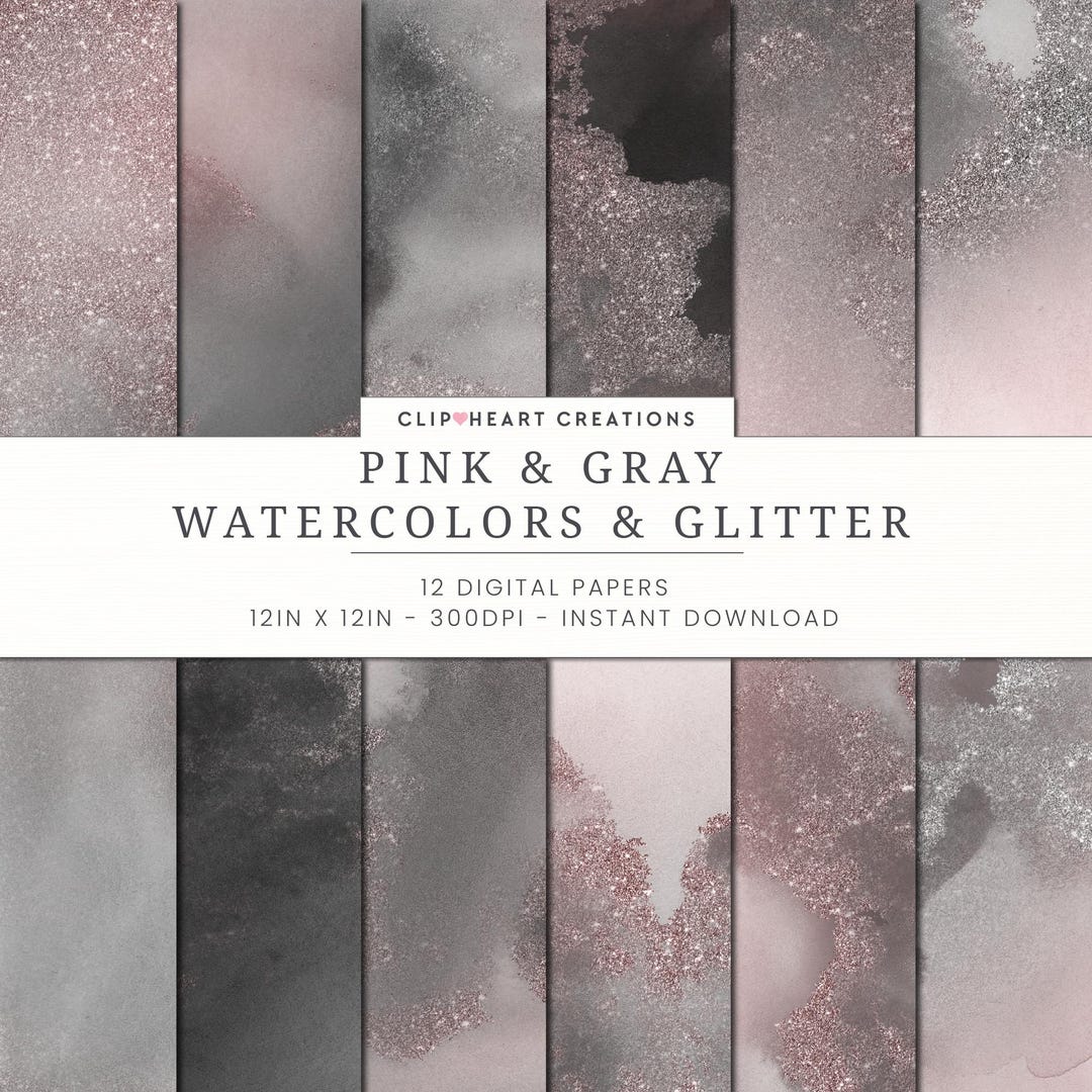 Pink & Gray Glitter Watercolor Digital Papers, Commercial Use Instant ...