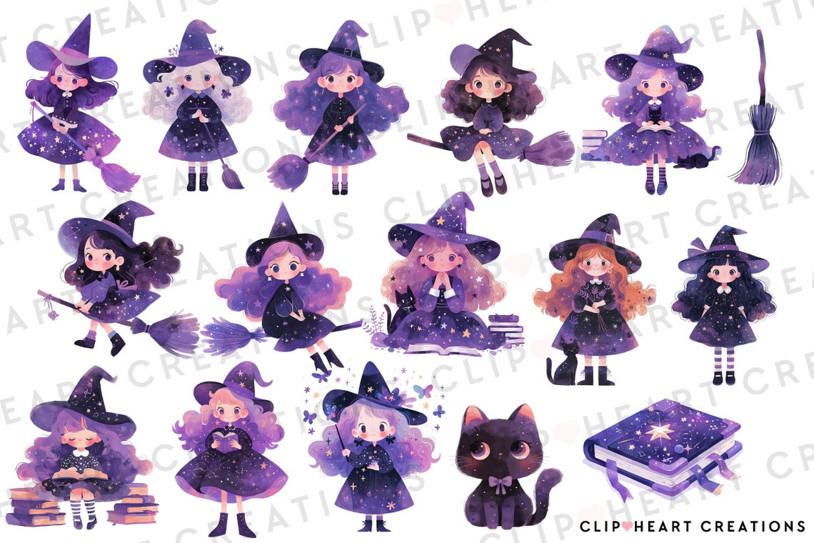 Cute Witches Halloween Watercolor Clipart Set, Commercial Use Instant ...