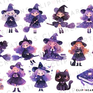 Cute Witches Halloween Watercolor Clipart Set, Commercial Use Instant ...