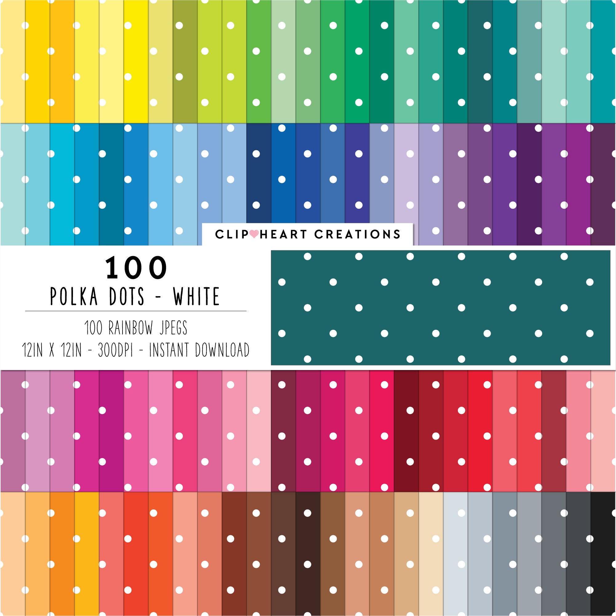 100 Polka Dot Digital Paper Pack, Commercial Use Seamless White Polka ...
