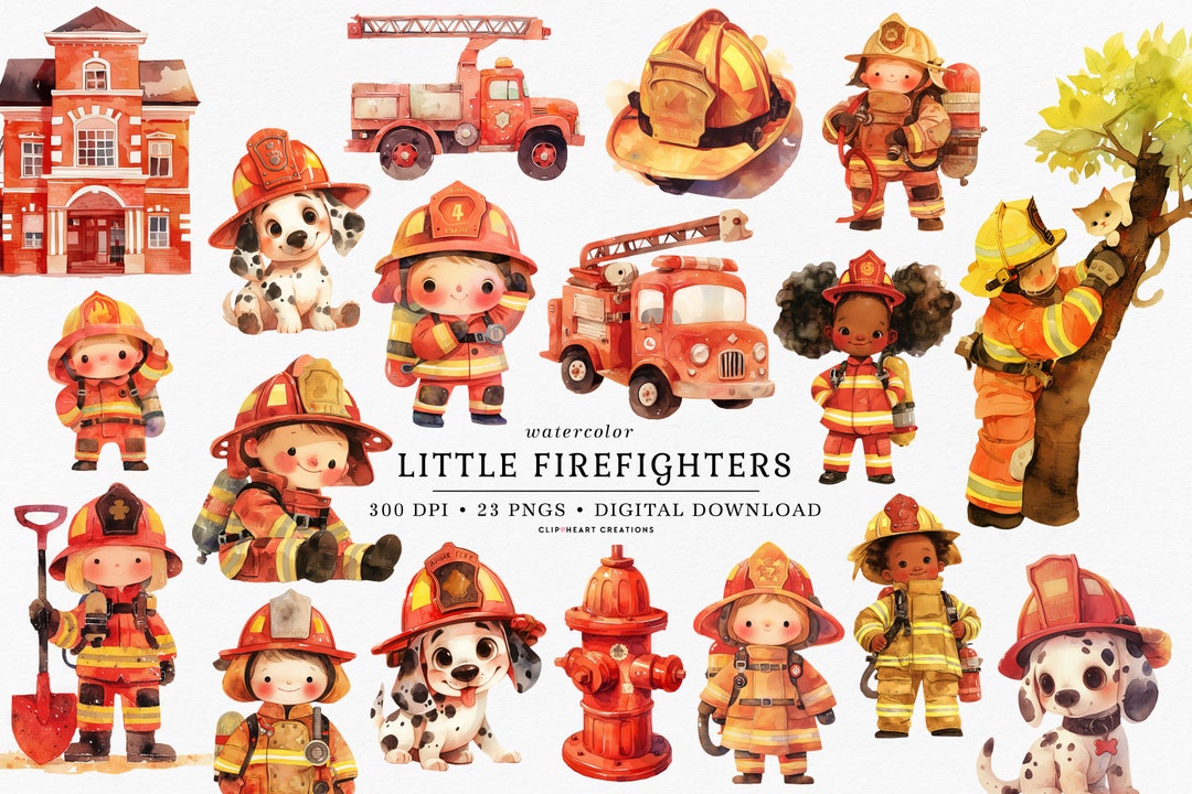 Watercolor Little Firefighters Clipart, Commercial Use Instant Download ...