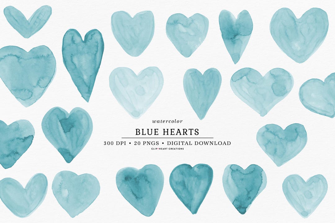 Blue Watercolor Hearts Clip Art, Commercial Use Instant Download PNG ...