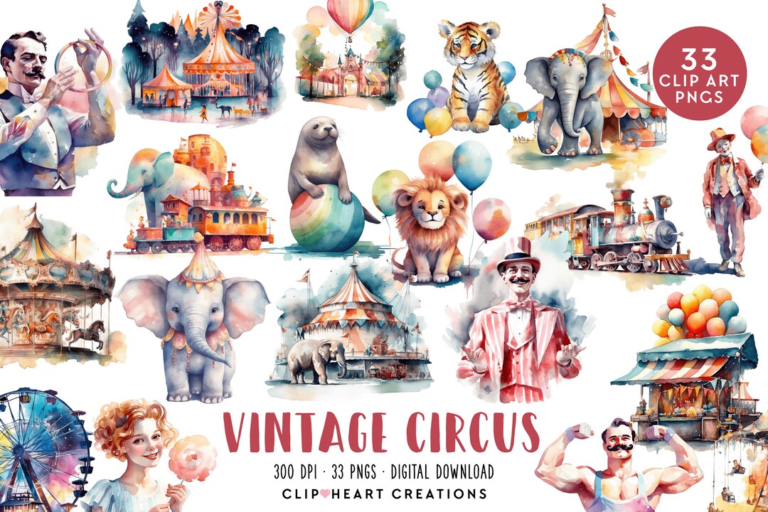 Vintage Circus Watercolor Clipart Collection, Commercial Use Instant ...