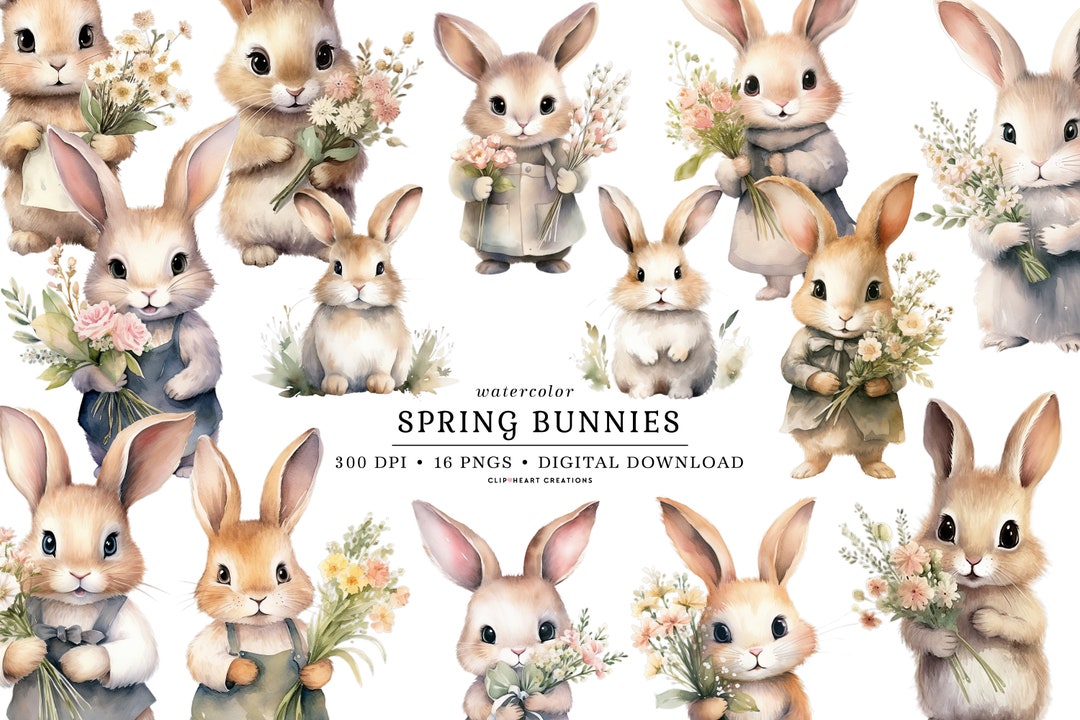 Spring Bunnies Watercolor Clipart Set, Commercial Use Instant Download ...