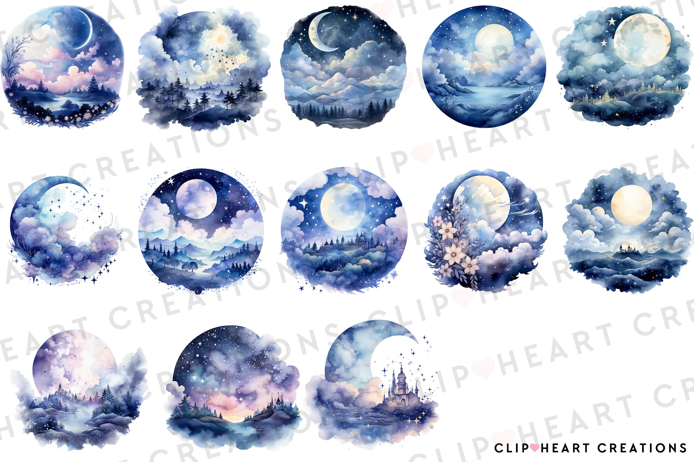 Celestial Dreamscapes Watercolor Clipart Set, Commercial Use Instant ...