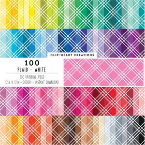 100 Plaid Pattern Digital Papers, Commercial Use Seamless White Plaid ...