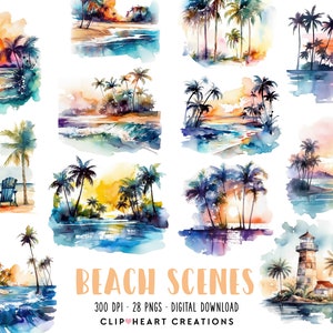 Beach Scenes Watercolor Clipart Set, Commercial Use Instant Download ...