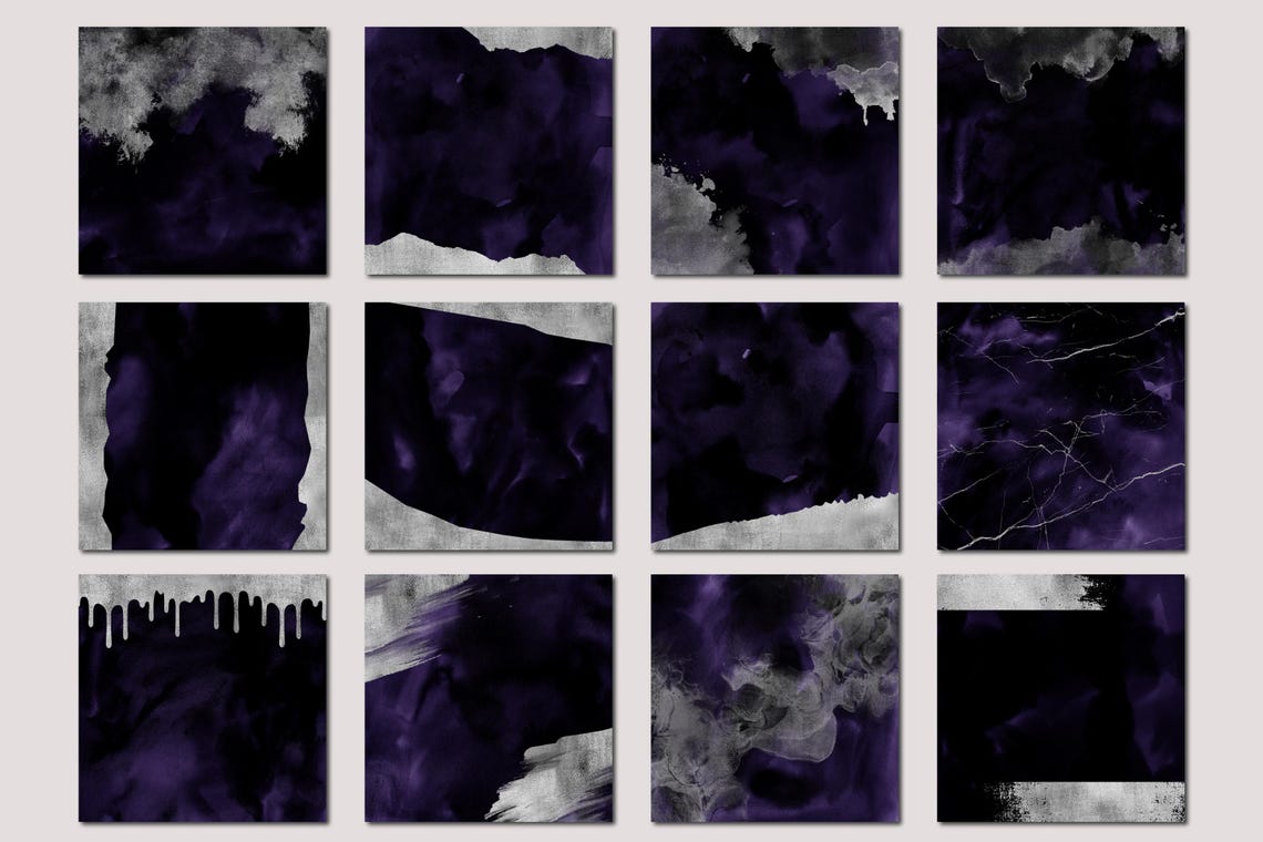 Purple & Silver Watercolor and Foil Digital Papers, Commercial Use ...
