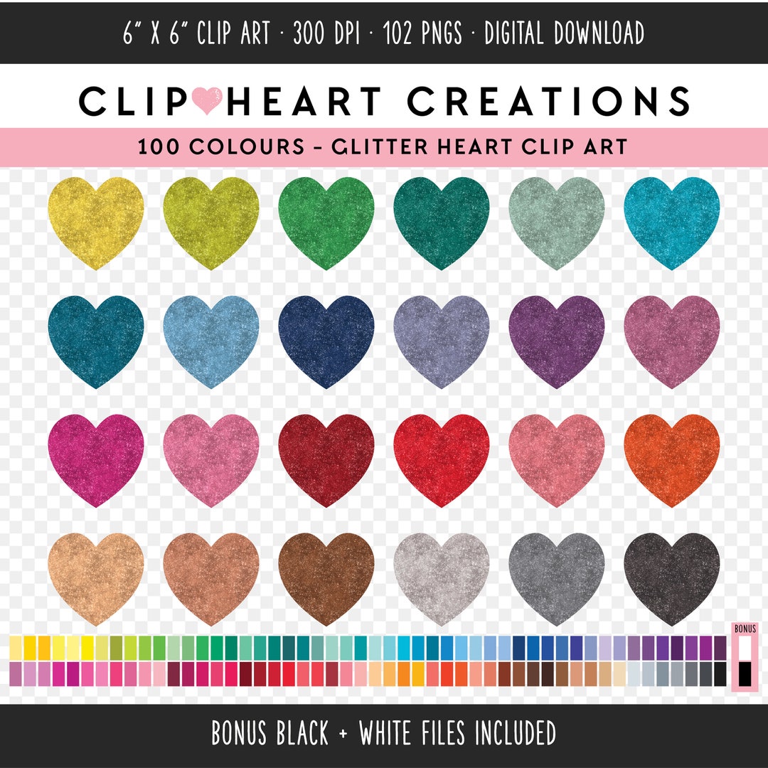 100 Glitter Heart Clip Art, Commercial Use Instant Download PNG Hearts ...