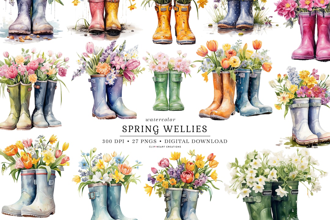 Spring Rainboots Watercolor Clipart Set, Commercial Use Instant ...
