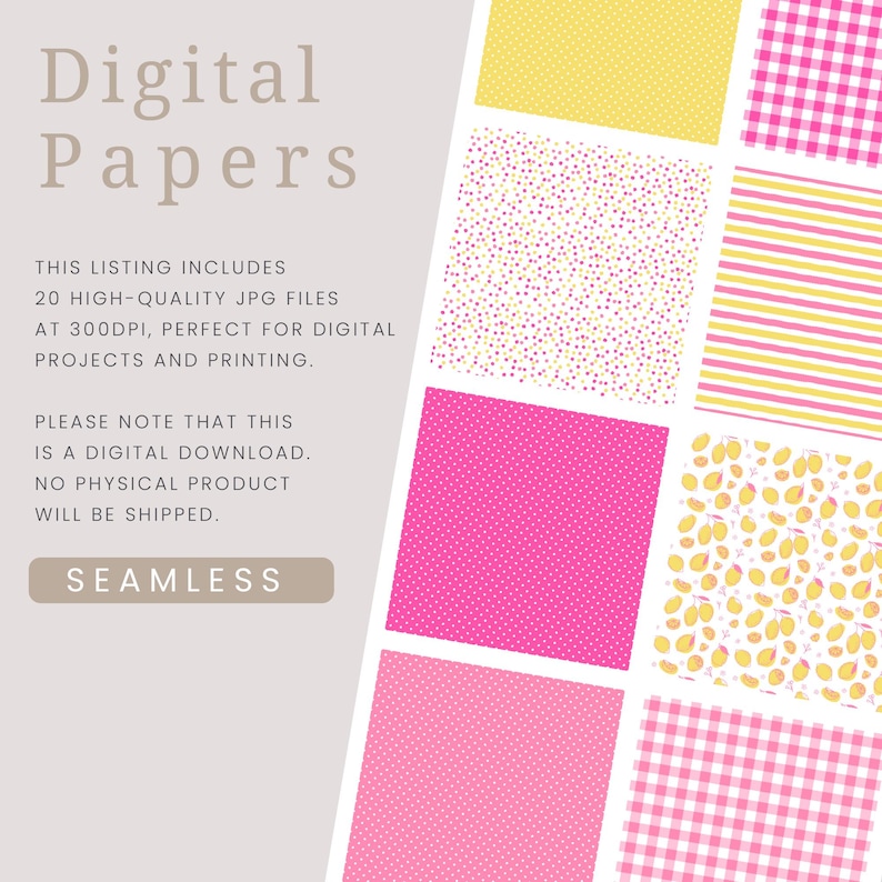 Pink Lemonade Digital Paper Patterns, 20 Seamless Commercial Use ...