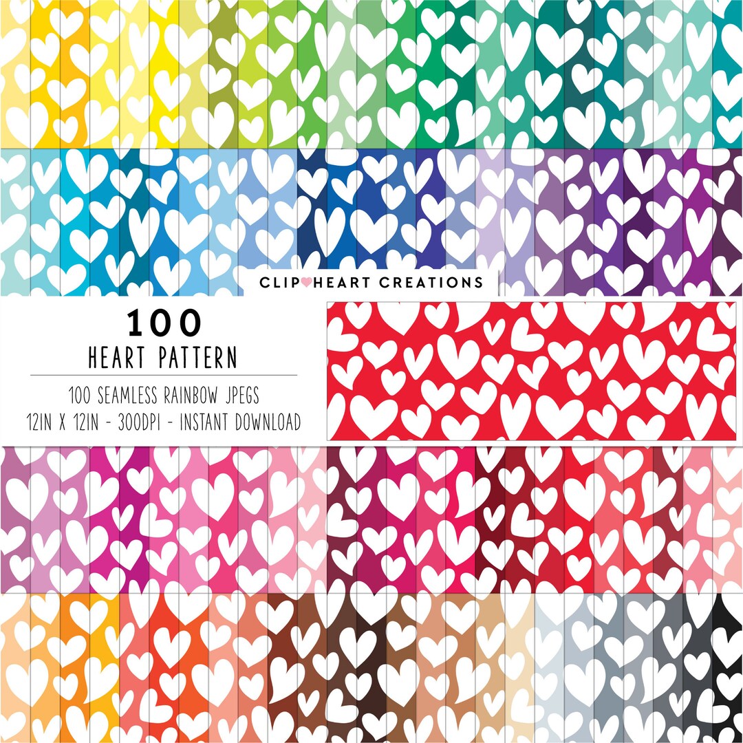 100 Heart Pattern Digital Paper, Commercial Use Seamless Hearts Digital ...
