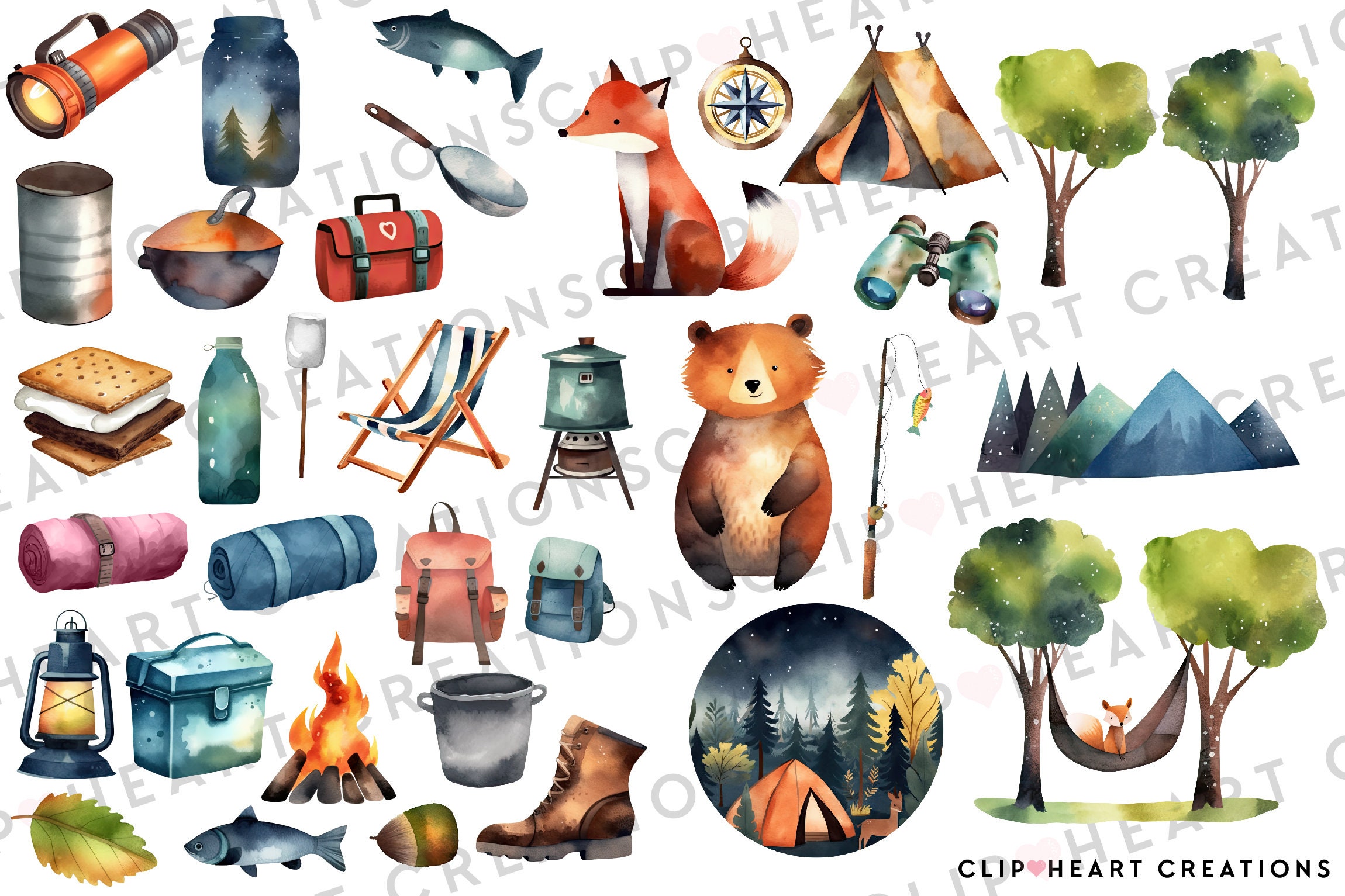 Cute Camping Watercolor Clipart Set, Commercial Use Instant Download ...