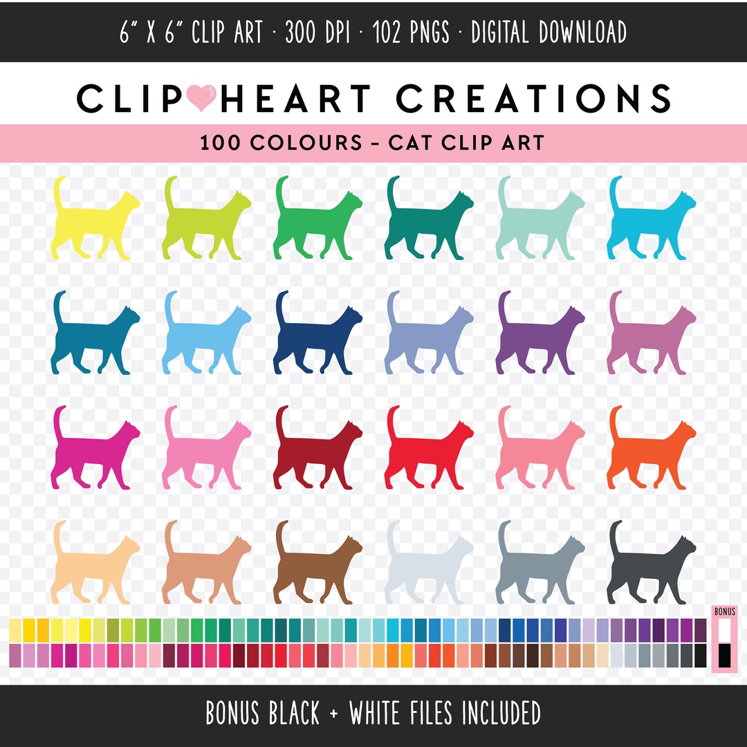 100 Cat Clip Art, Commercial Use Instant Download PNG Cat Digital Clip ...