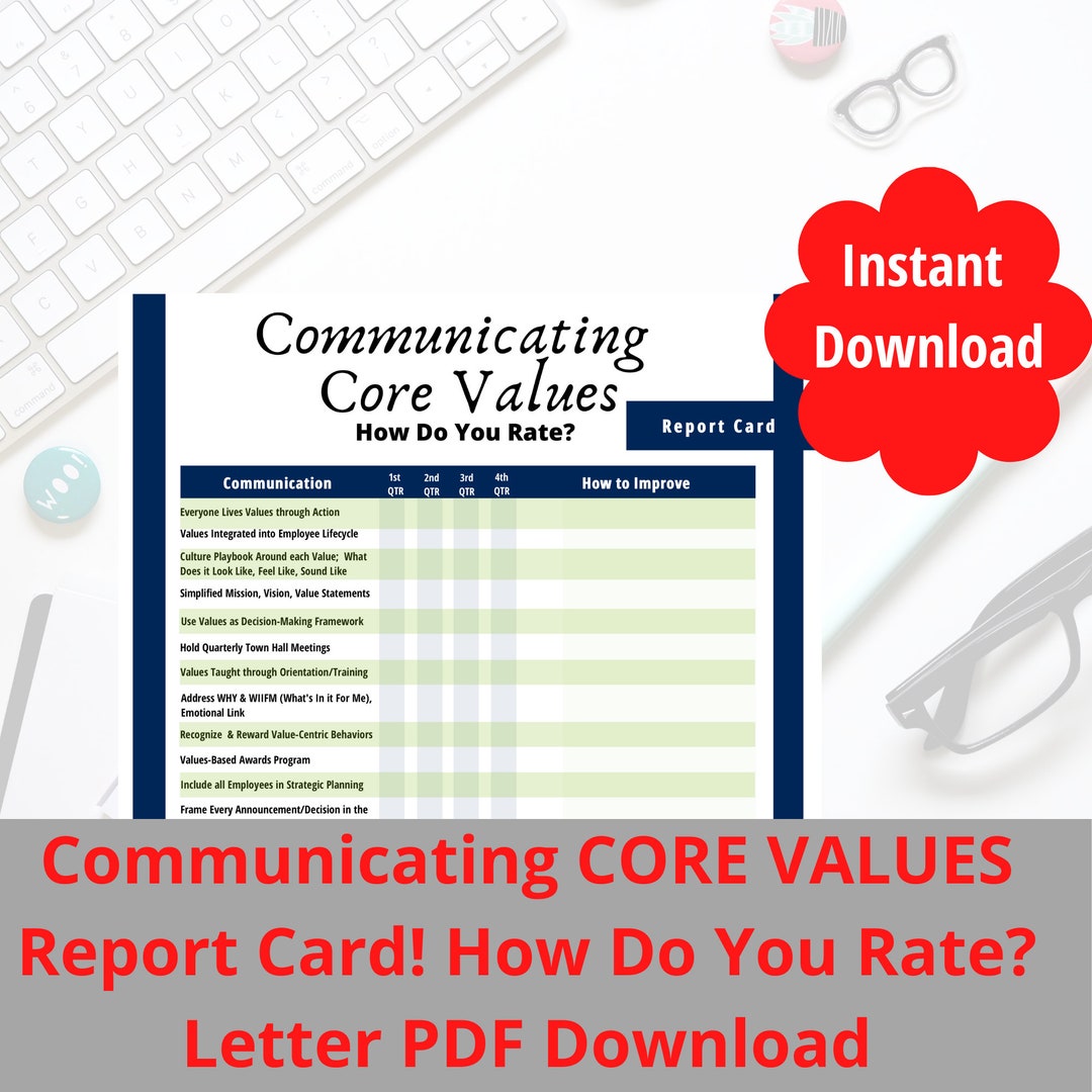 Core Values Report Card Printable to Evaluate Business or Organization ...