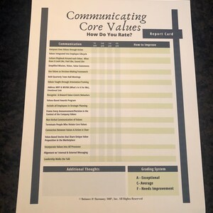 Core Values Report Card Printable to Evaluate Business or Organization ...