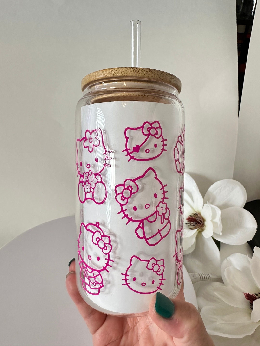 Pink Hello Kitty Glass Clear Can W/lid and Straw - Etsy