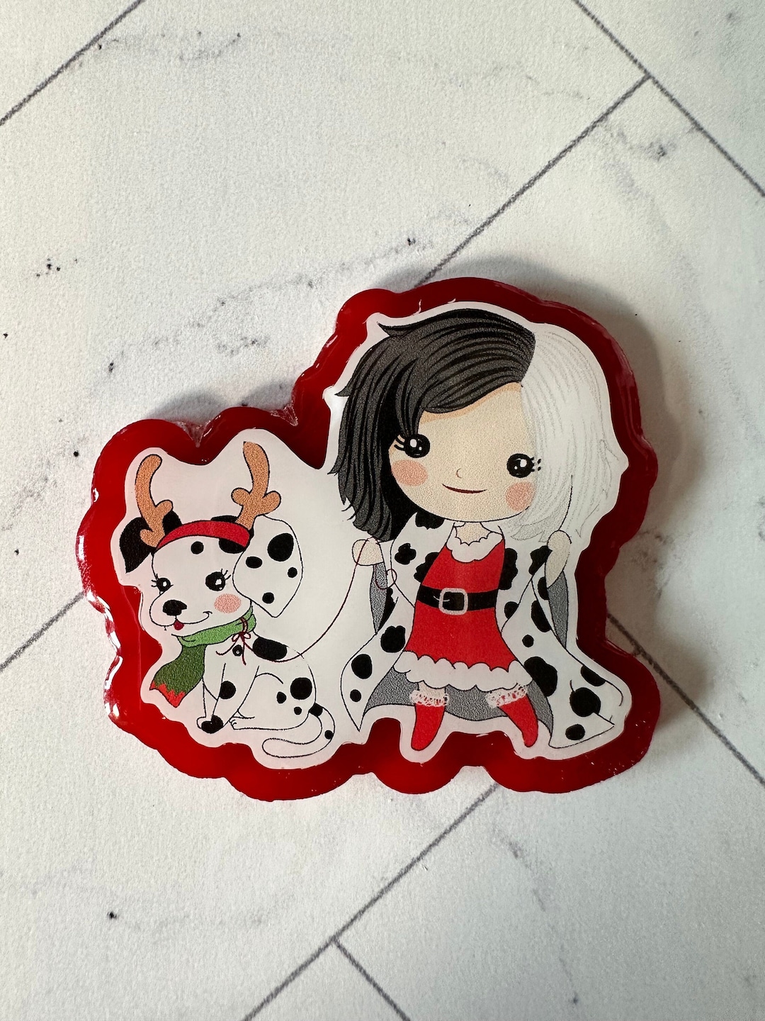 Cruella and Dalmation christmas Disney Villain Inspired Badge Reel - Etsy