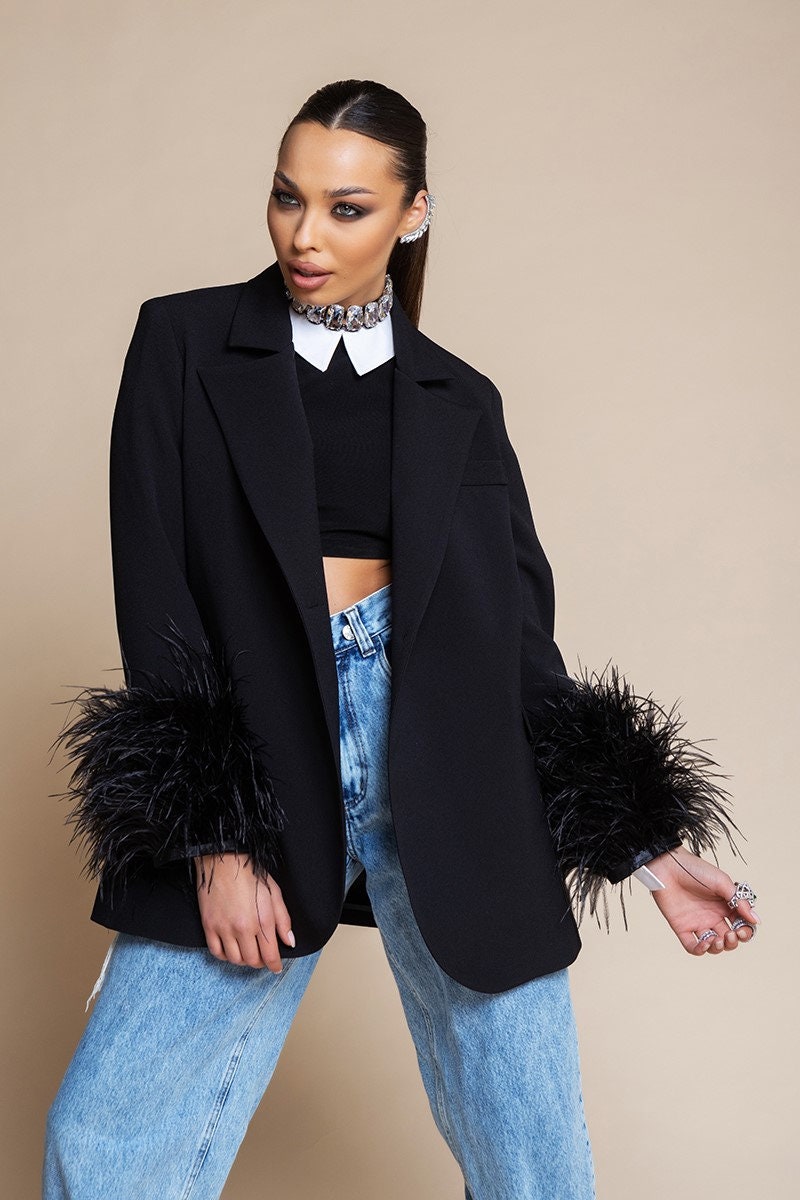 Black Blazer With Ostrich Feather Sleeves, Designer Women's Jacket - Etsy