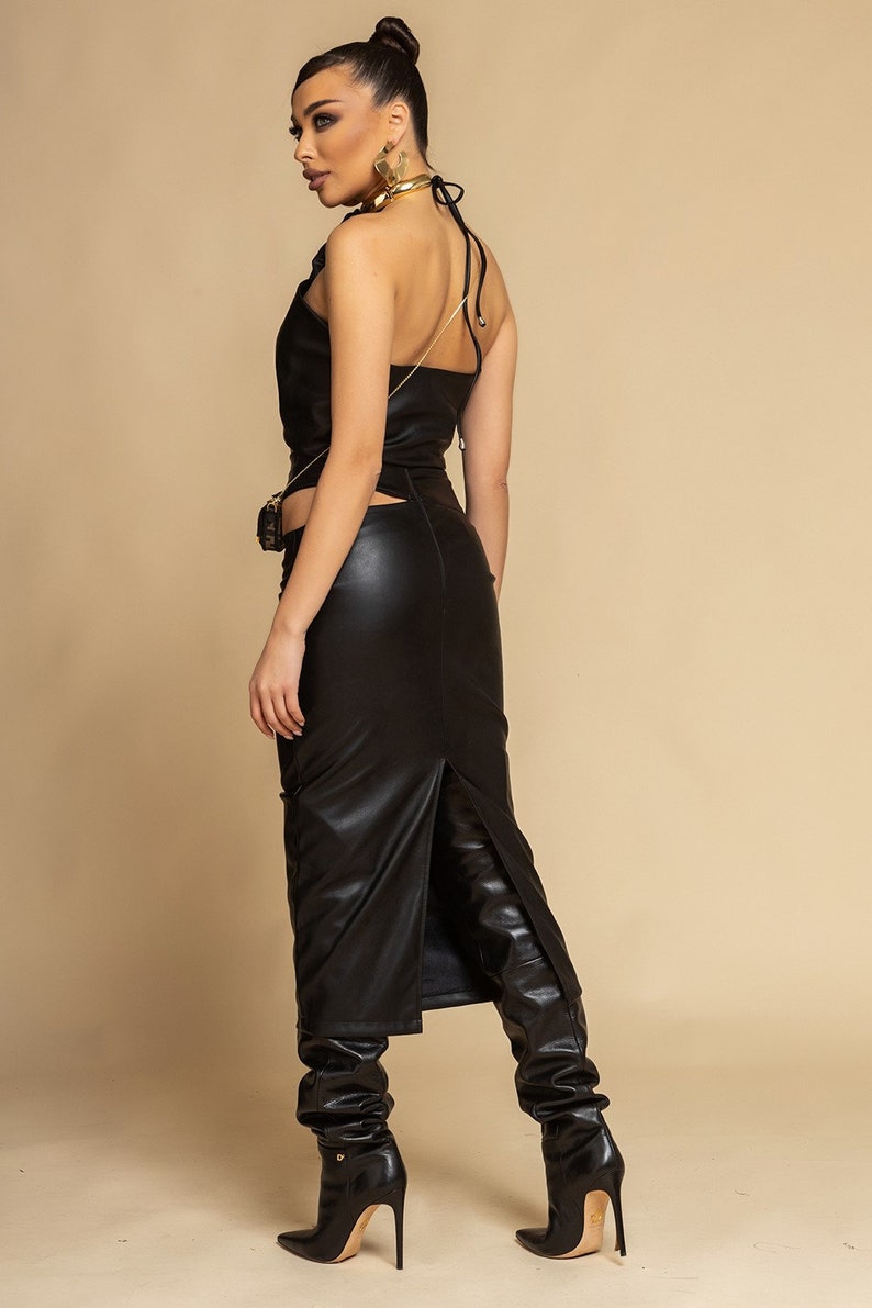 Women Black 2 Piece Set, Eco Leather Top and Long Skirt, Elegant Outfit ...