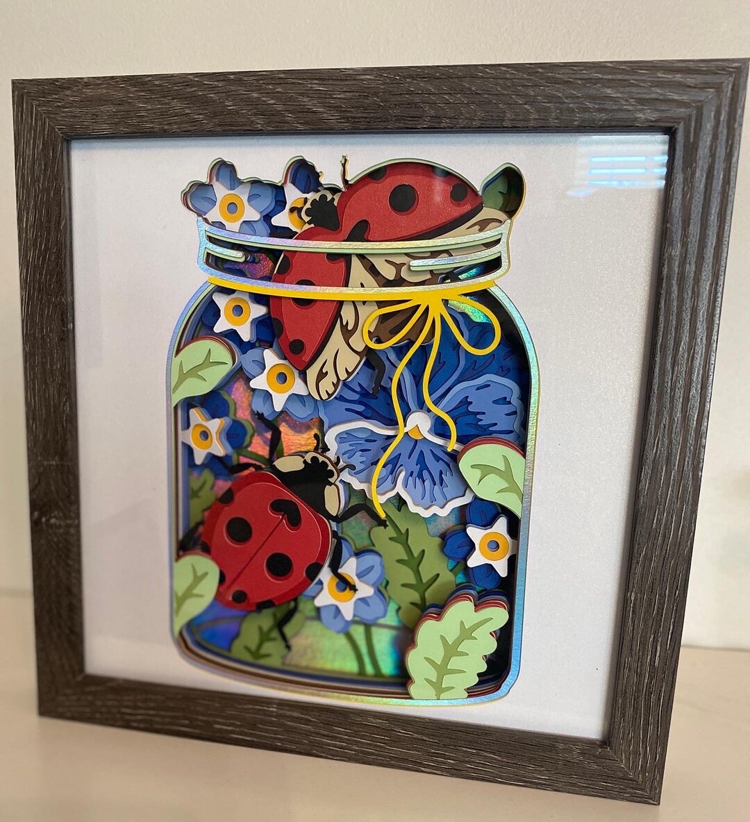Ladybug 3D Shadow Box Art Handcrafted Wall Decor 8x8, Table Decor ...