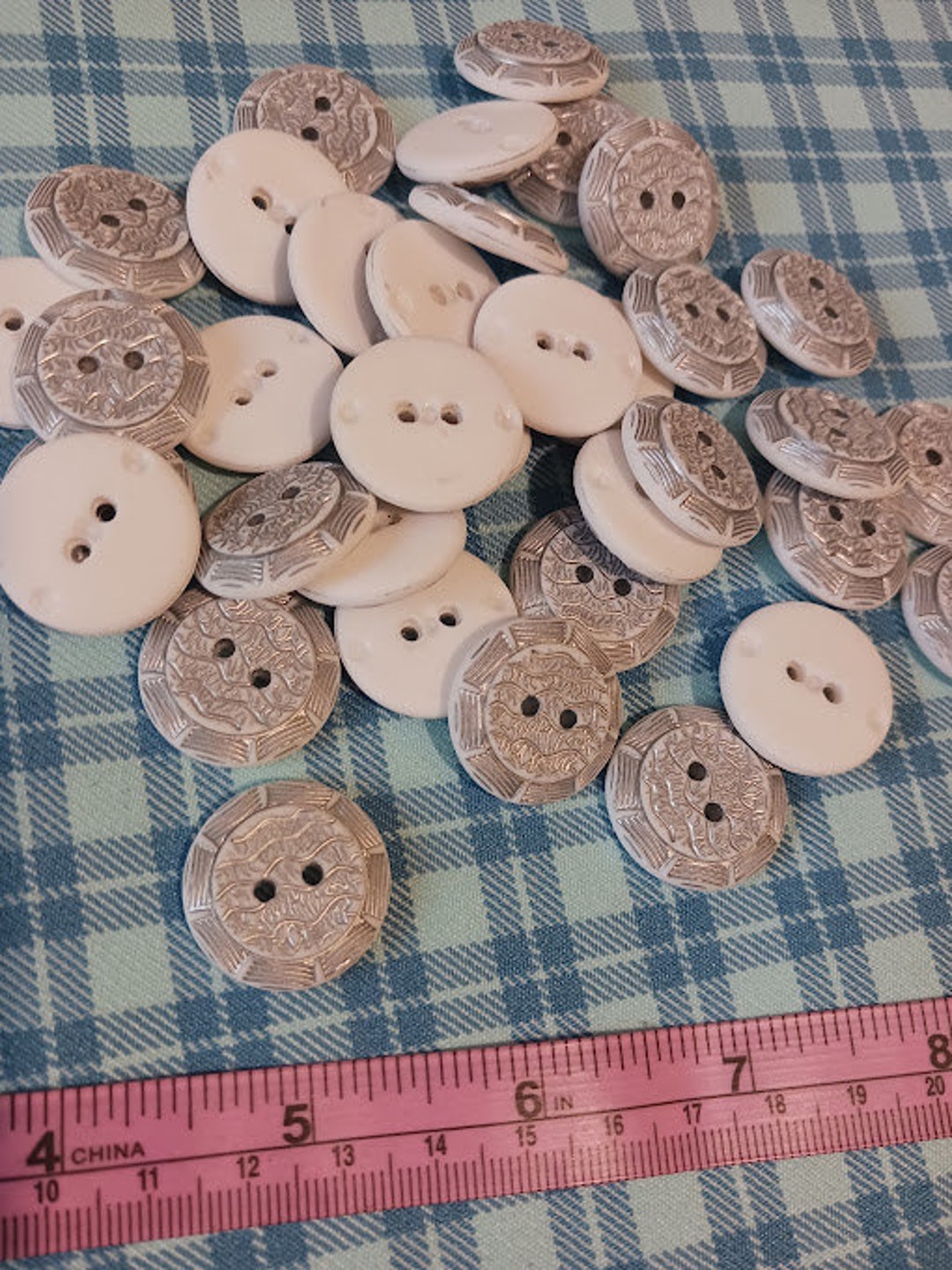 Plastic 2 Hole 36 Ligne Buttons With Silver Embossed Design in Lots a ...