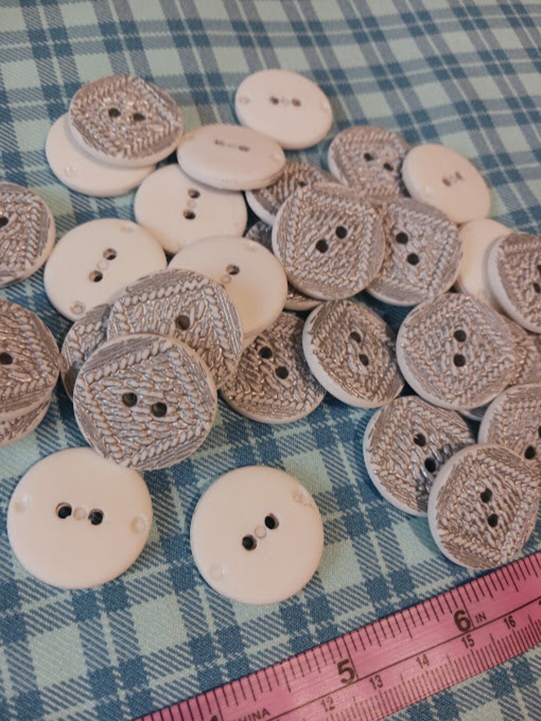 Plastic 2 Hole 40 Ligne Buttons With Silver Embossed Design in Lots a ...