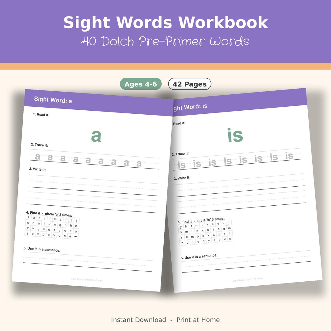 Sight Words Worksheets Printable | Dolch Pre-primer Trace Write Find 40 ...
