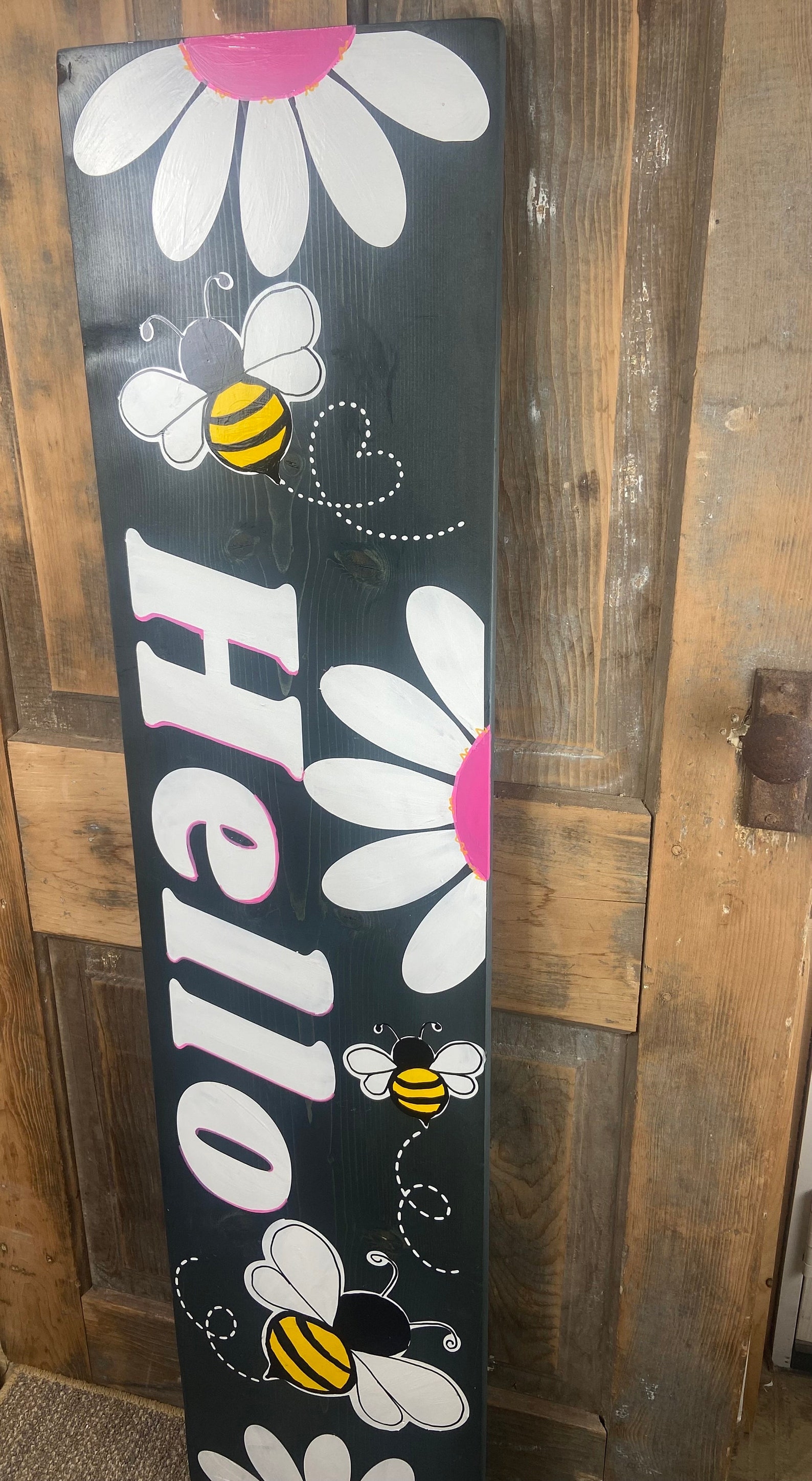 Hello Honey Bee Sign, Entryway Porch Leaner Painted Bee Bumble Bees and ...