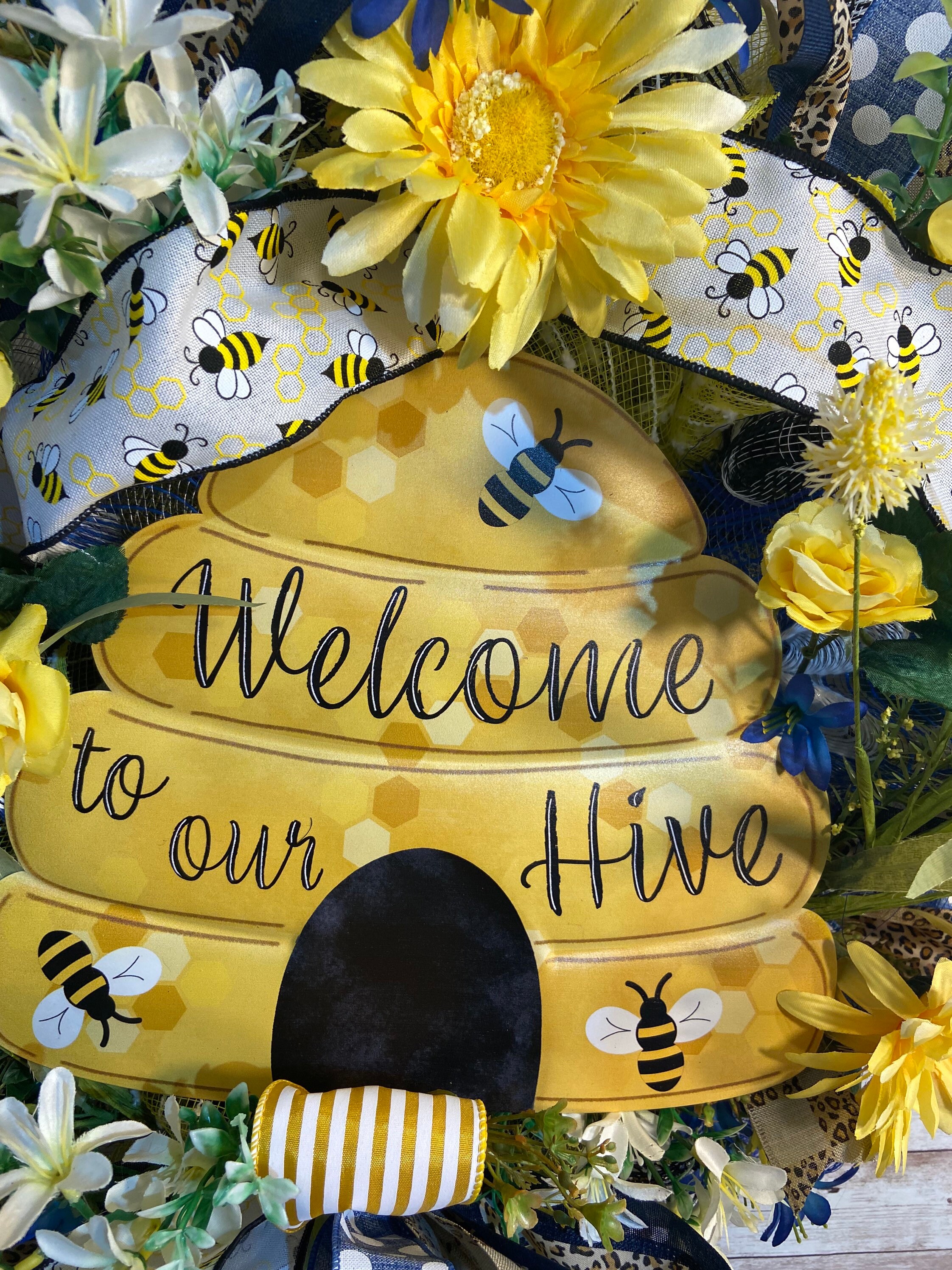 Welcome to Our Bee Hive Blues and Yellow Floral Mesh and - Etsy
