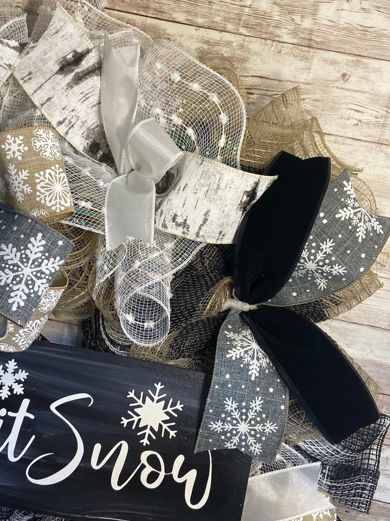 Let It Snow Mesh and Ribbon Wreath Black Snowball Natural | Etsy
