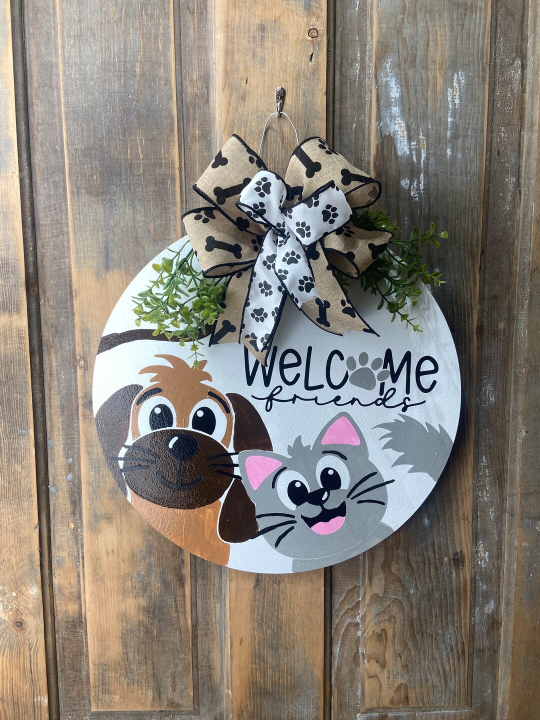 Dog and Cat Welcome Friends Painted Door Hanger, Front Door Sign, Front ...