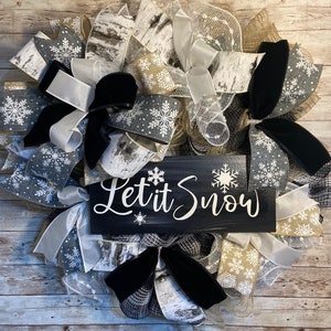 Let It Snow Mesh and Ribbon Wreath Black Snowball Natural - Etsy