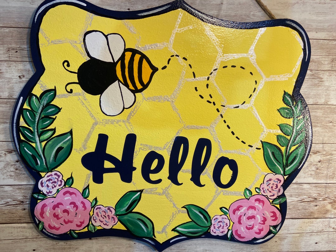 Hello, Bee Floral Hand-painted Front Door Decor! Summer Fun Hanger ...
