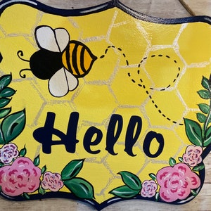 Hello, Bee Floral Hand-painted Front Door Decor! Summer Fun Hanger ...